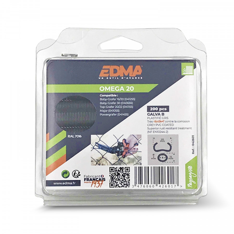 AGRAFE OMEGA 20 - Galva plastifié gris - x 200 pcs - EDMA